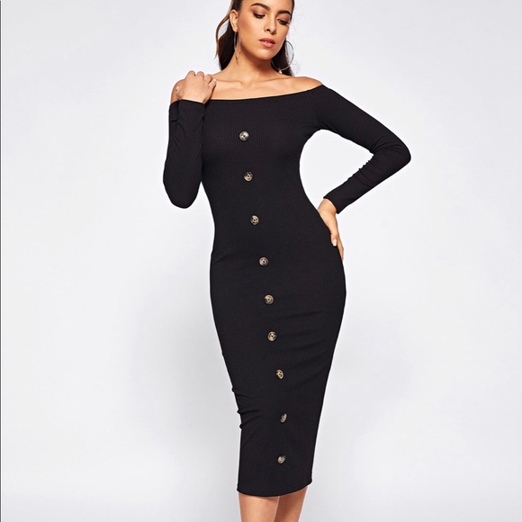 SHEIN | Dresses | Black Button Down Ribbed Knit Midi Dress | Poshmark